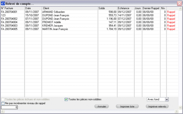 Facturation / Gestion des rappels
